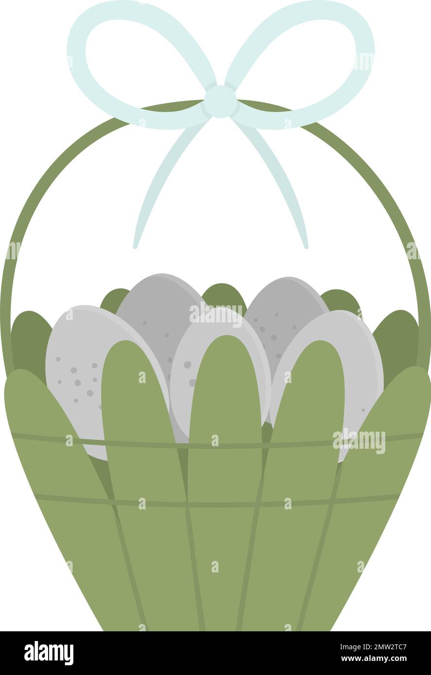 Vector illustration of green basket with eggs and bow isolated on white ...