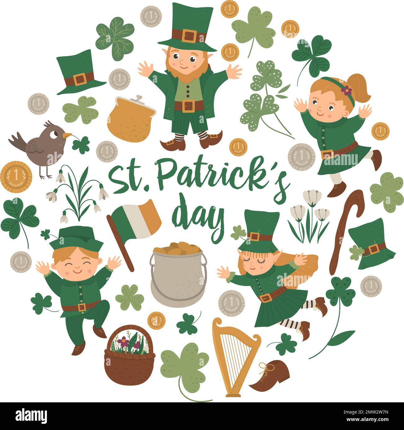 Vector Saint Patrick’s Day round frame with leprechaun, shamrock ...