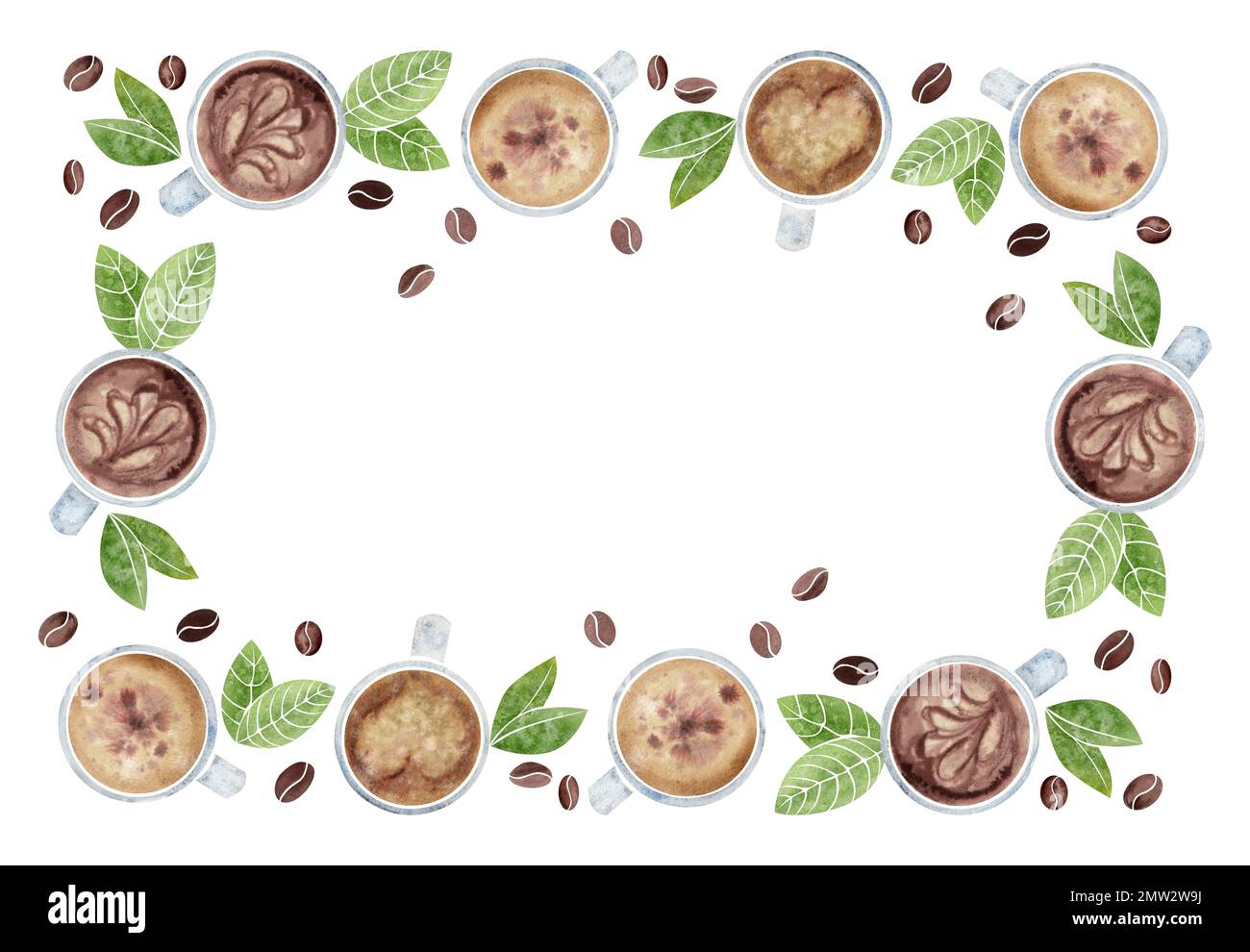 Watercolor hand drawn border frame with capuccino coffee cups, fresh ...