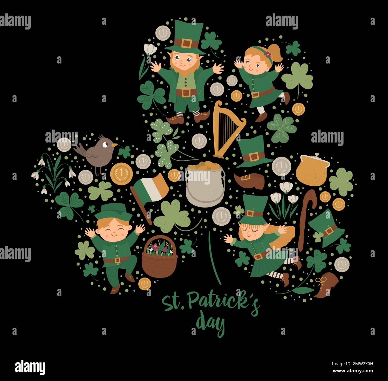 Vector Saint Patrick Day frame with leprechaun, shamrock on black ...