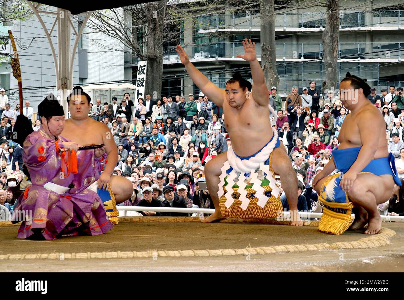 Mongolian sumo grand champion Kakuryu, second from right, performs his ...