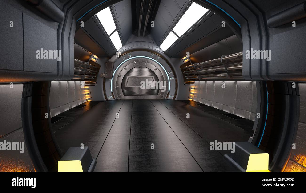 View of a science fiction space ship corridor through and open doorway ...