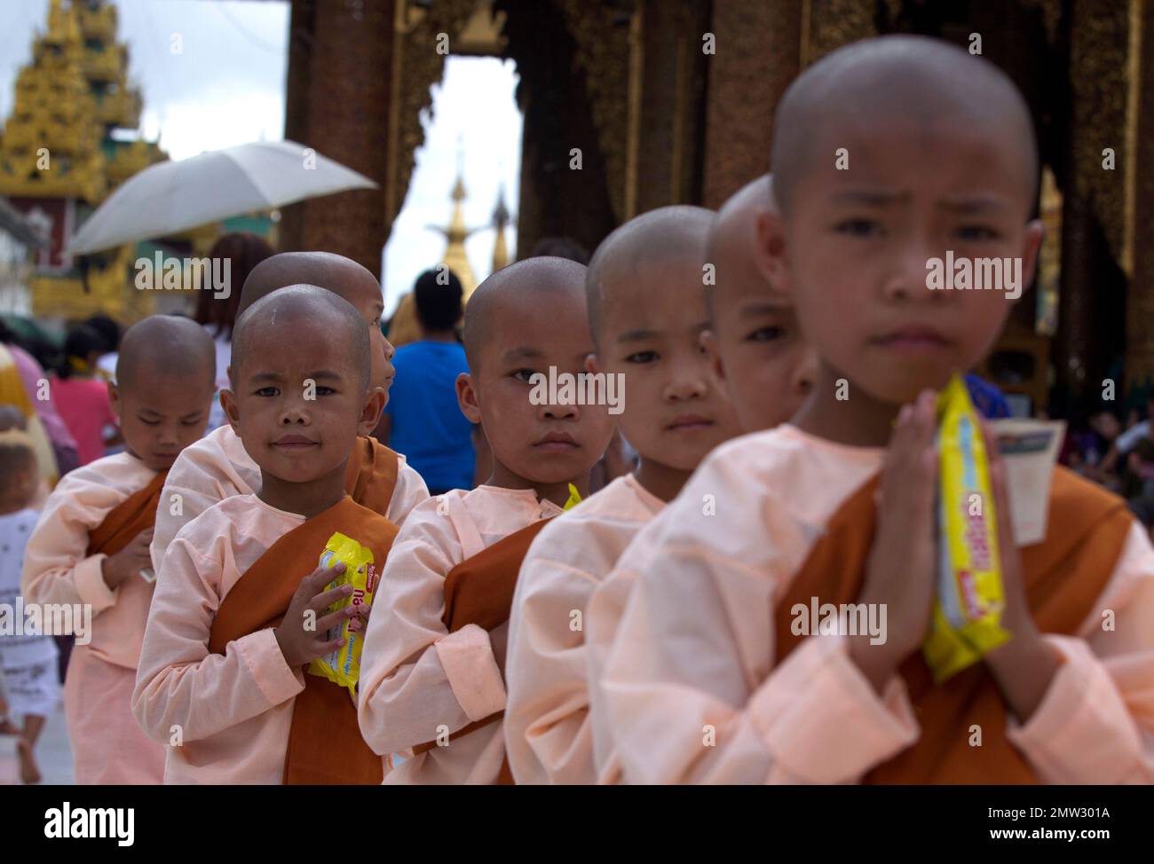 Novice Buddhist nuns line up to collect alms and cash from devotees at ...