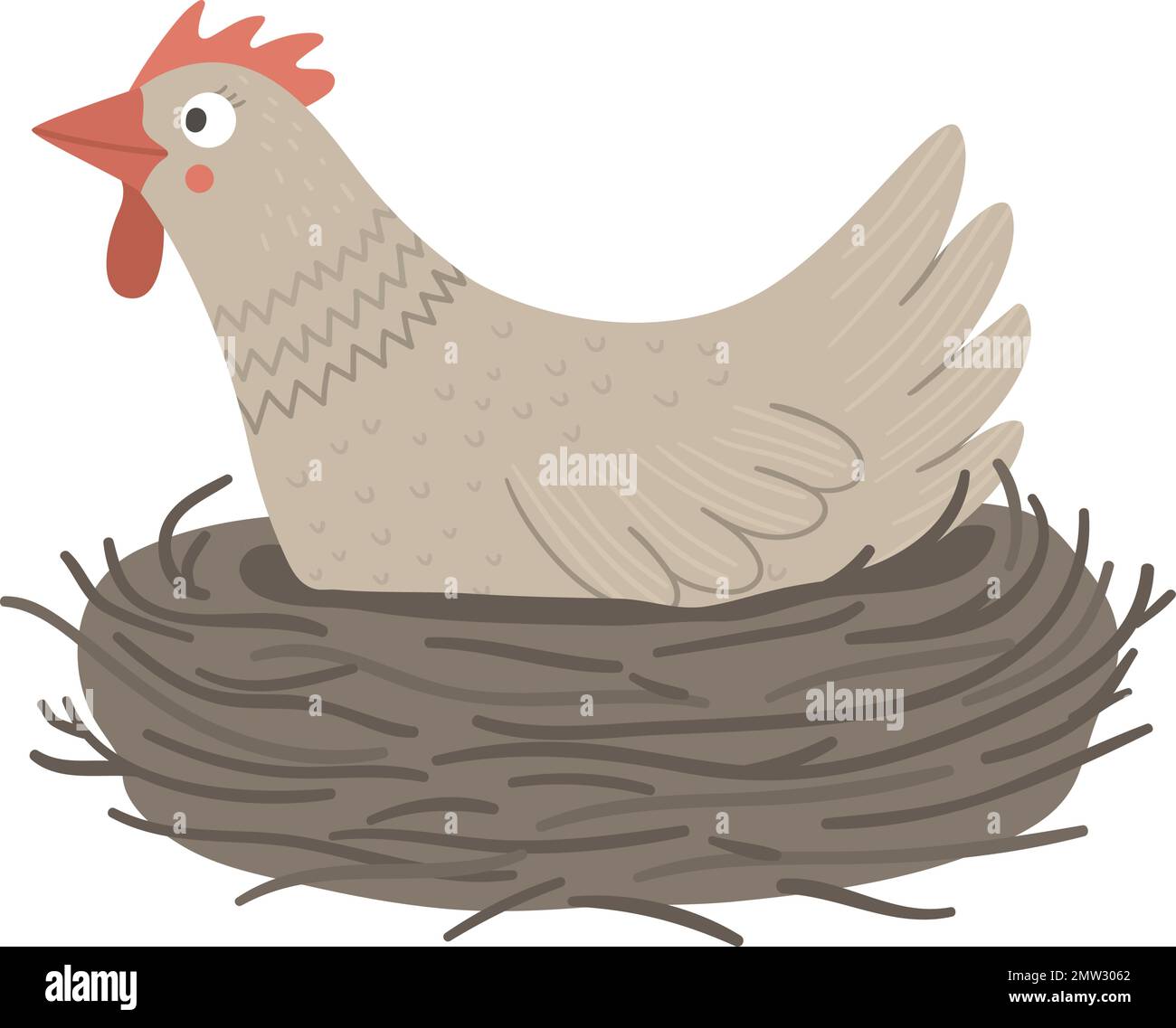 Vector funny hen in nest isolated on white background. Spring, Easter ...