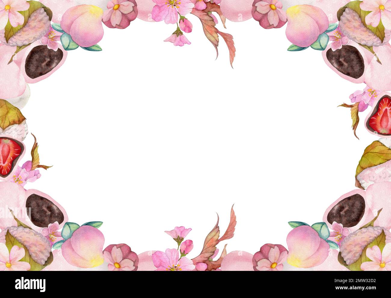 Watercolor hand drawn traditional Japanese sweets. Square frame of ...