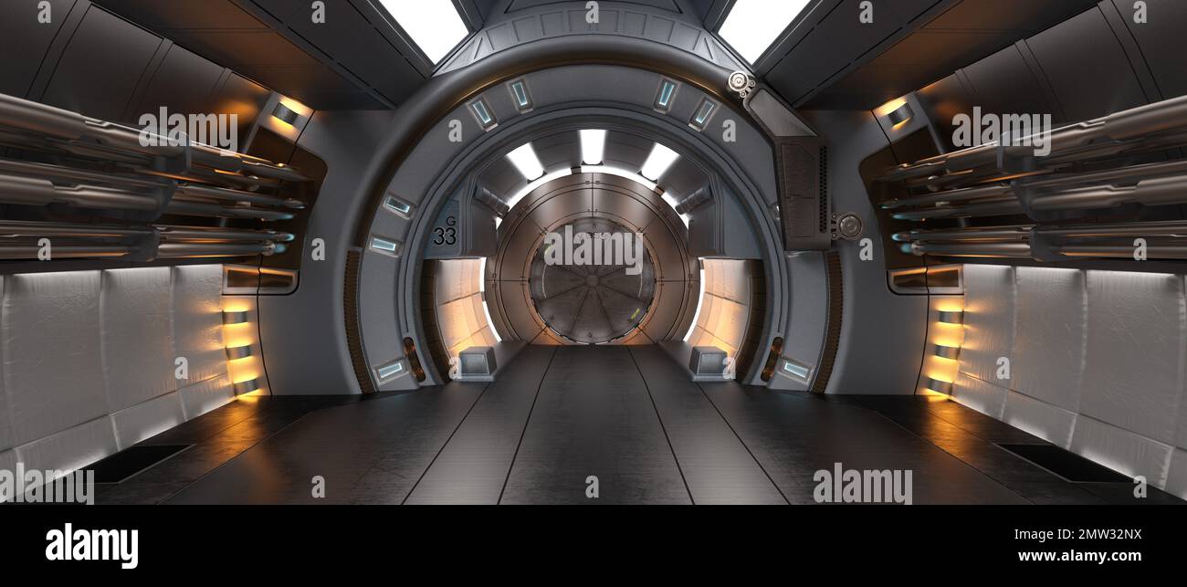 Cinematic widescreen 3D illustration of science fiction space ship or ...