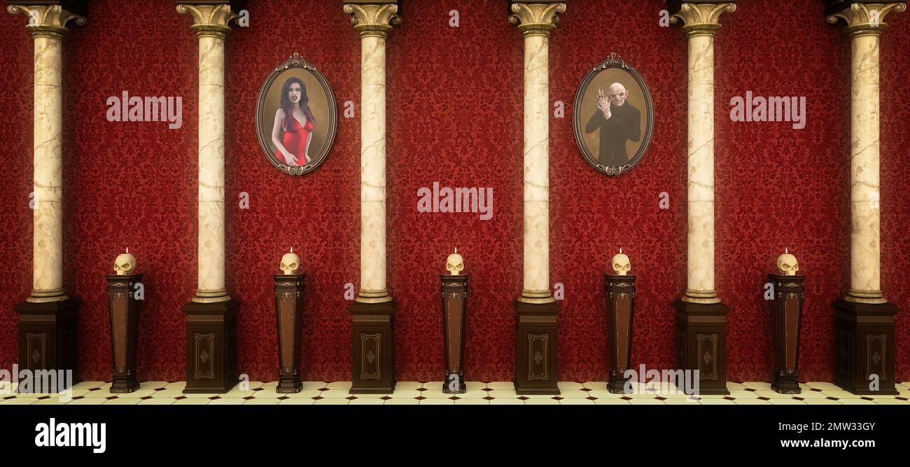 Creepy vampire castle interior wall with red wallpaper and marble ...