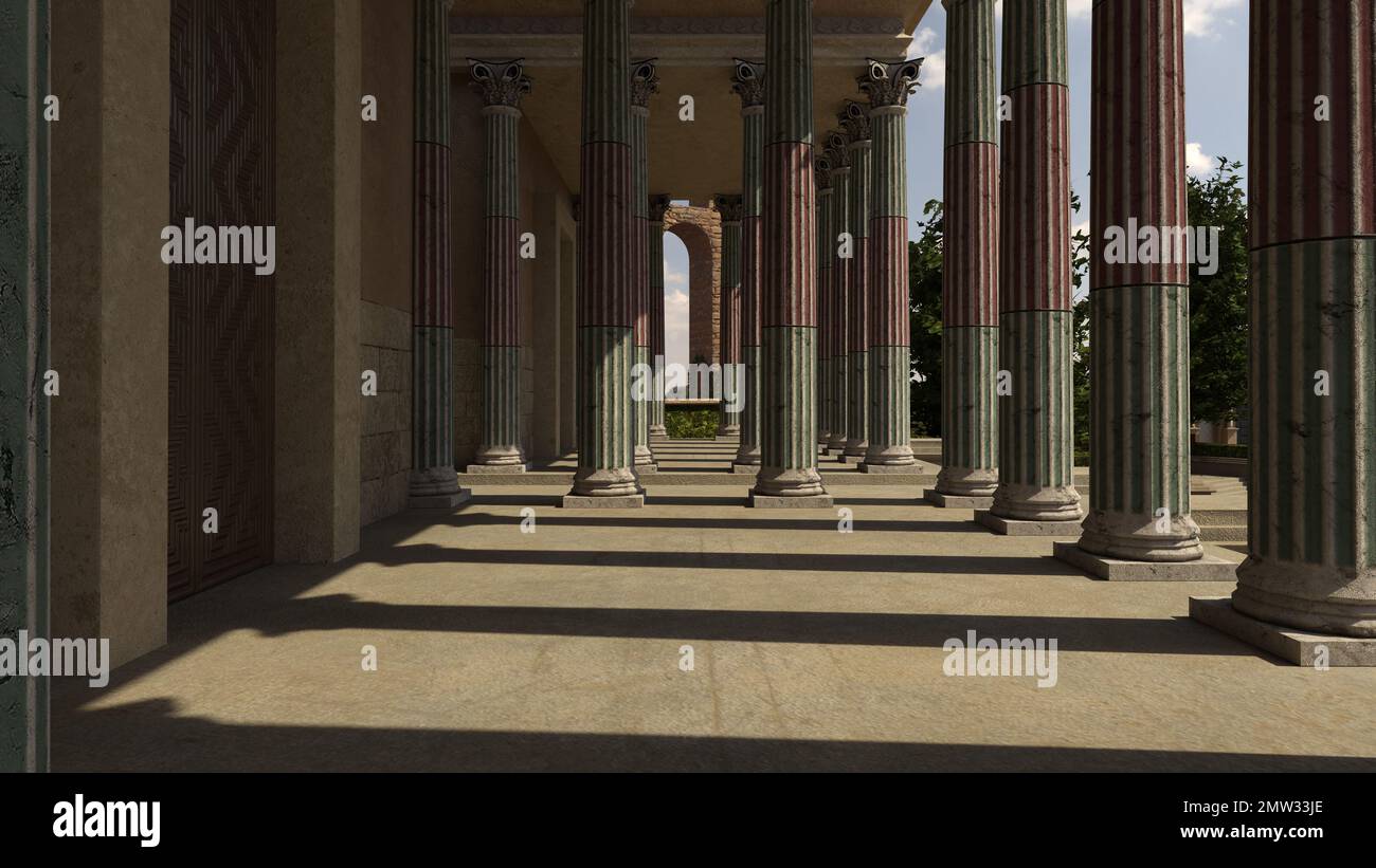 Entrance to an ancient Roman temple building with stone columns. 3D ...