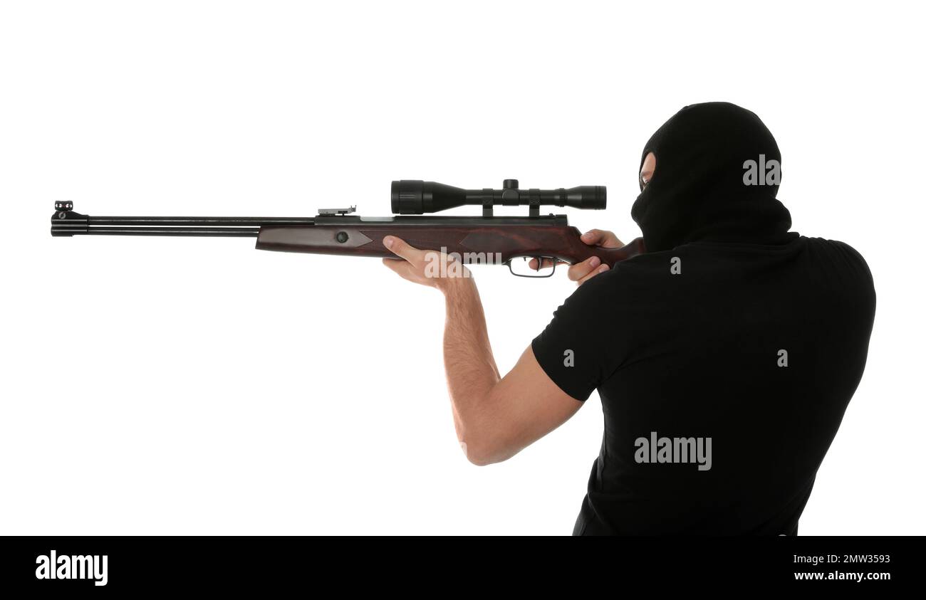 Professional killer with sniper rifle on white background Stock Photo ...