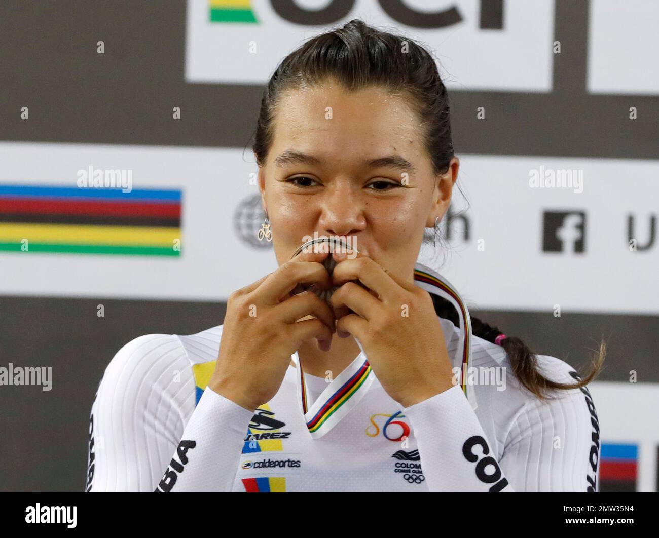 Martha Bayona Pineda of Colombia kisses her silver medal on the podium ...