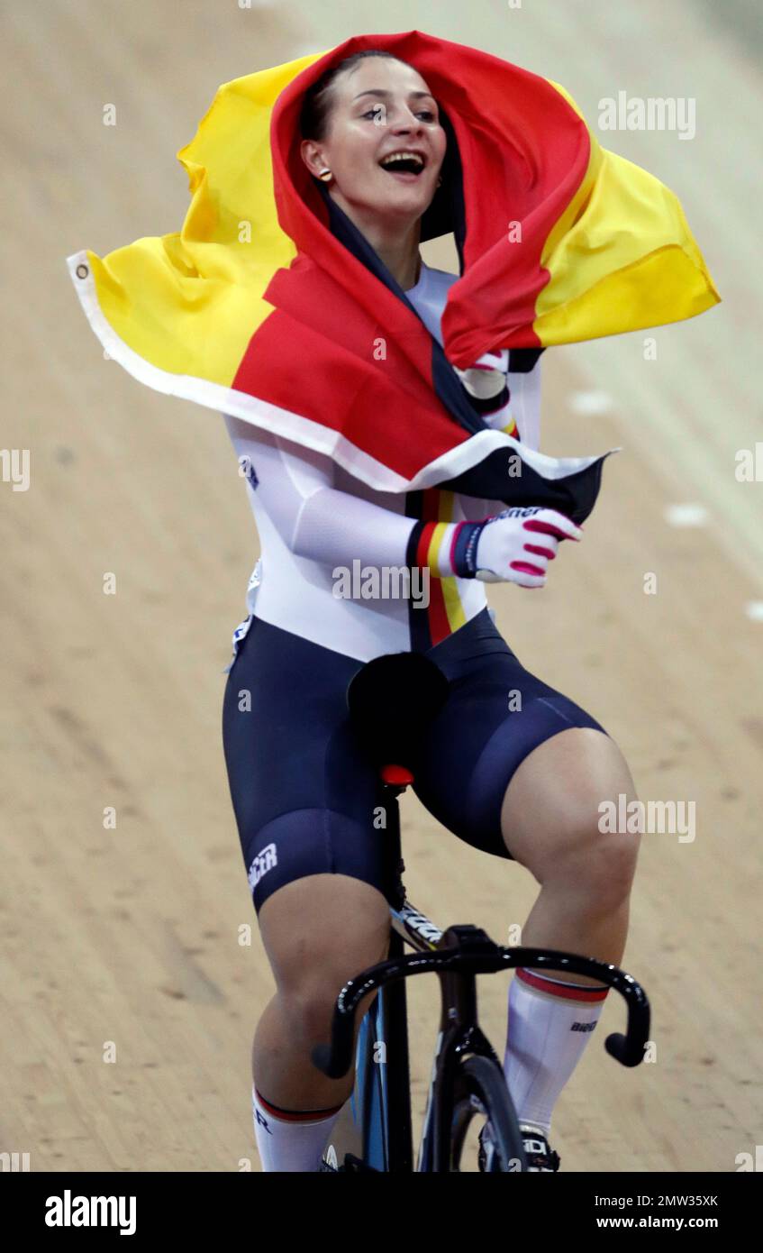 Germany's Kristina Vogel celebrates after winning the women's keirin ...