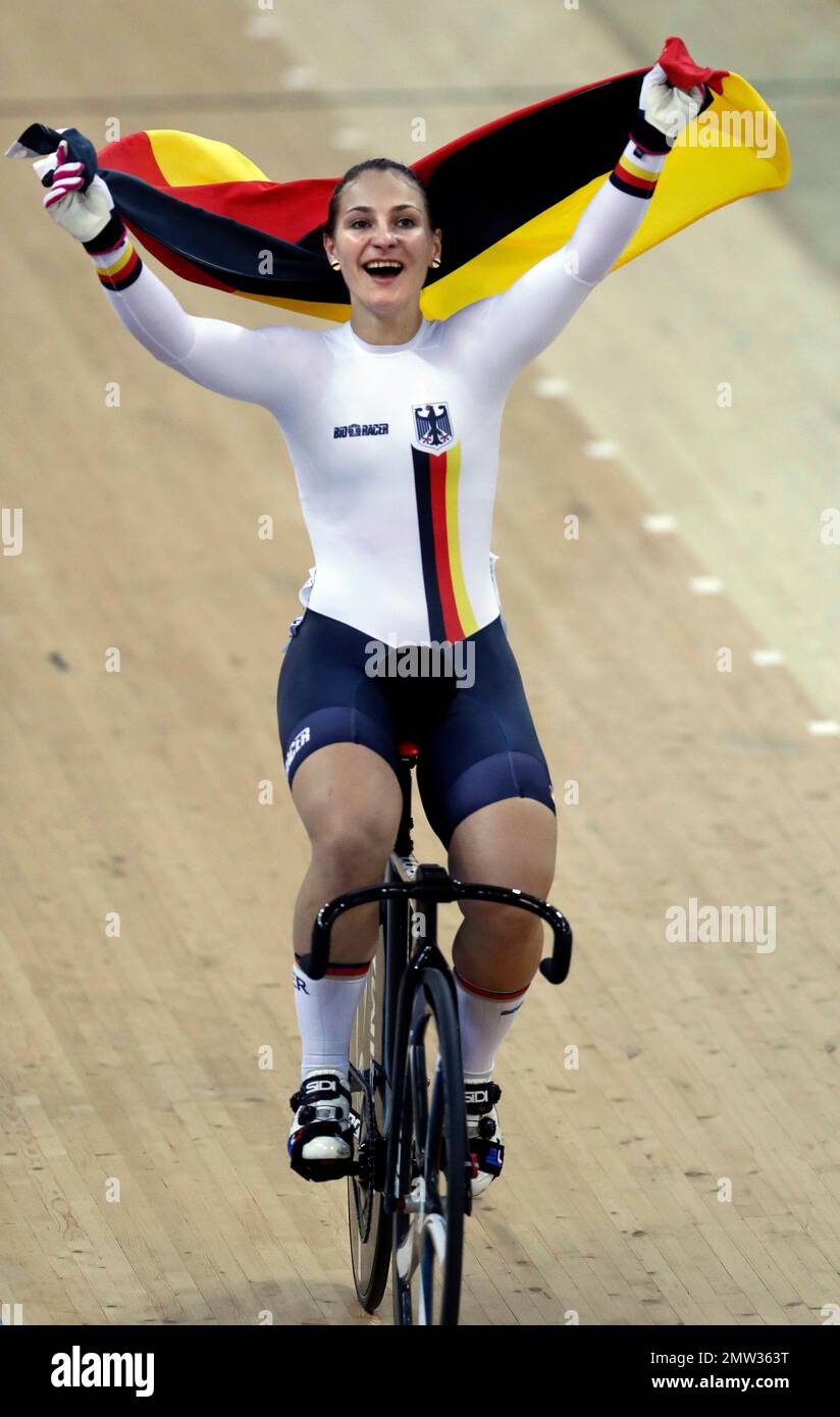 Germany's Kristina Vogel celebrates after winning the women's keirin ...