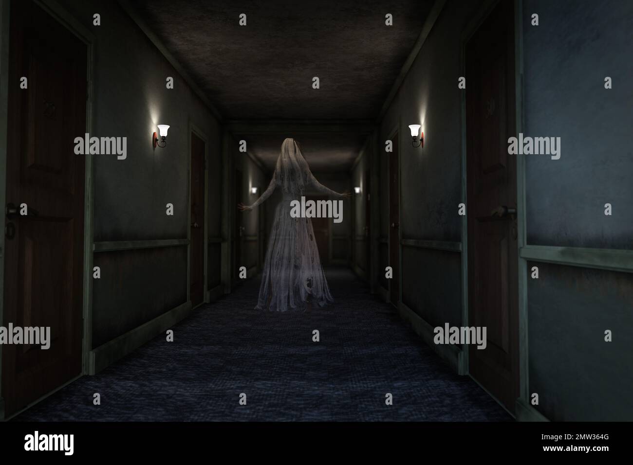 Ghostly figure of woman in wedding dress floating along a creepy hotel ...