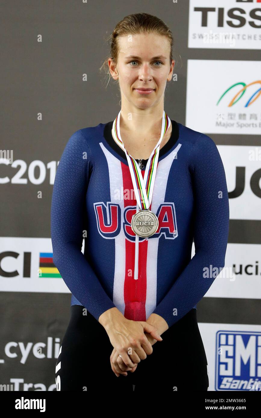 United States' Sarah Hammer stands on the podium after receiving her ...