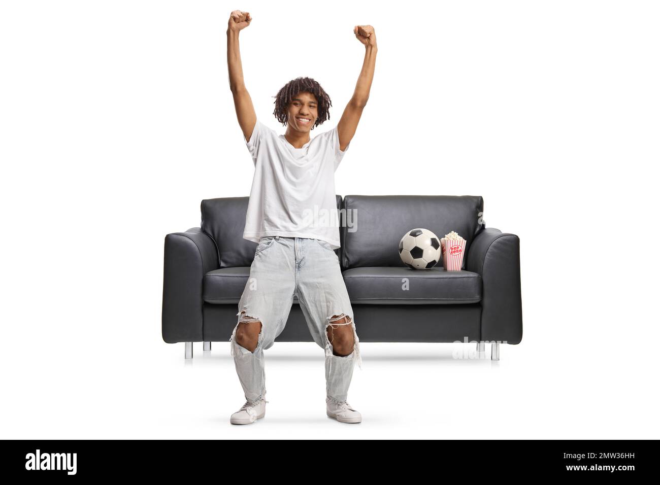 Full length portrait of a young african american man cheering in front ...