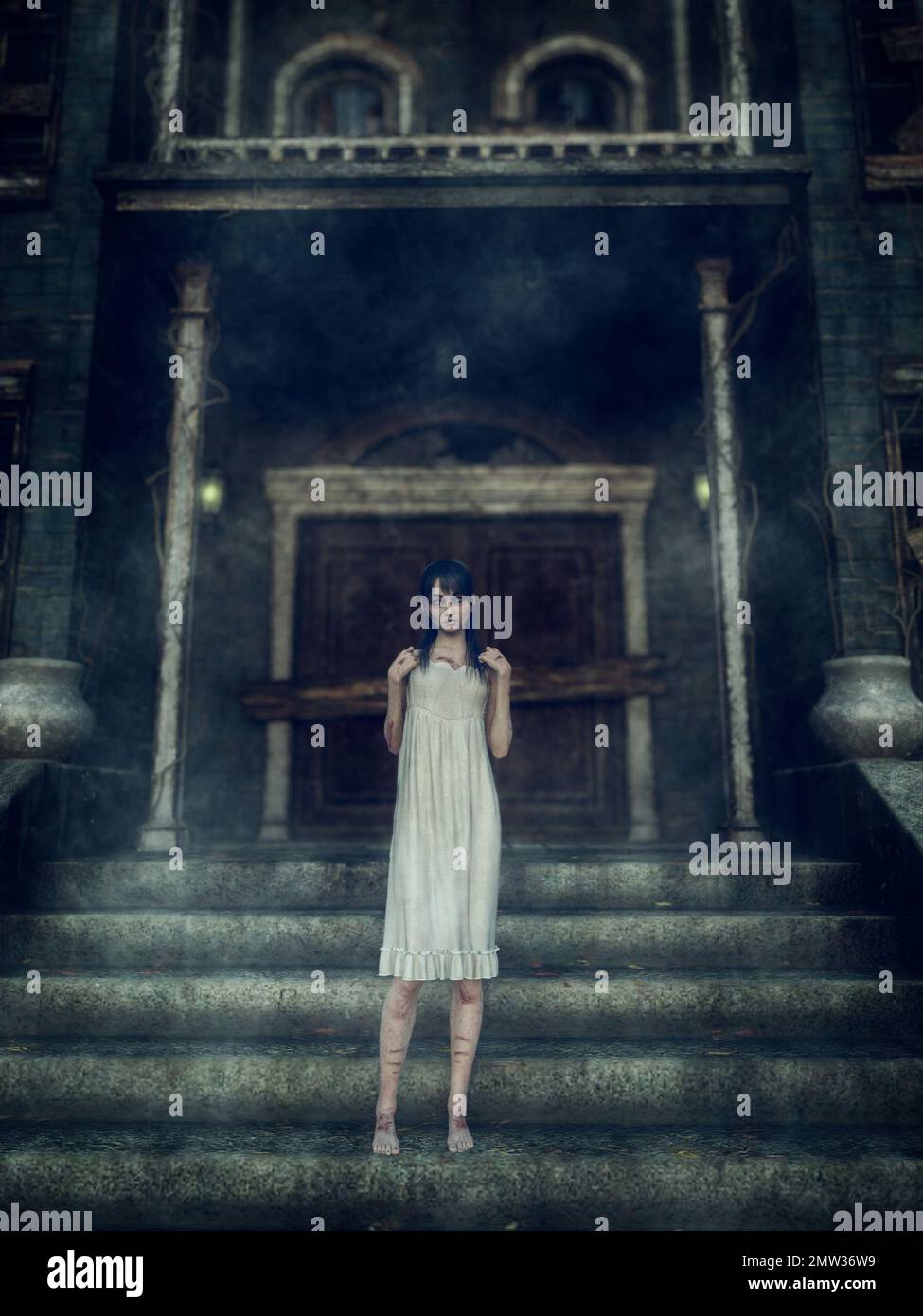Ghostly girl in white dress standing on steps outside old derelict ...