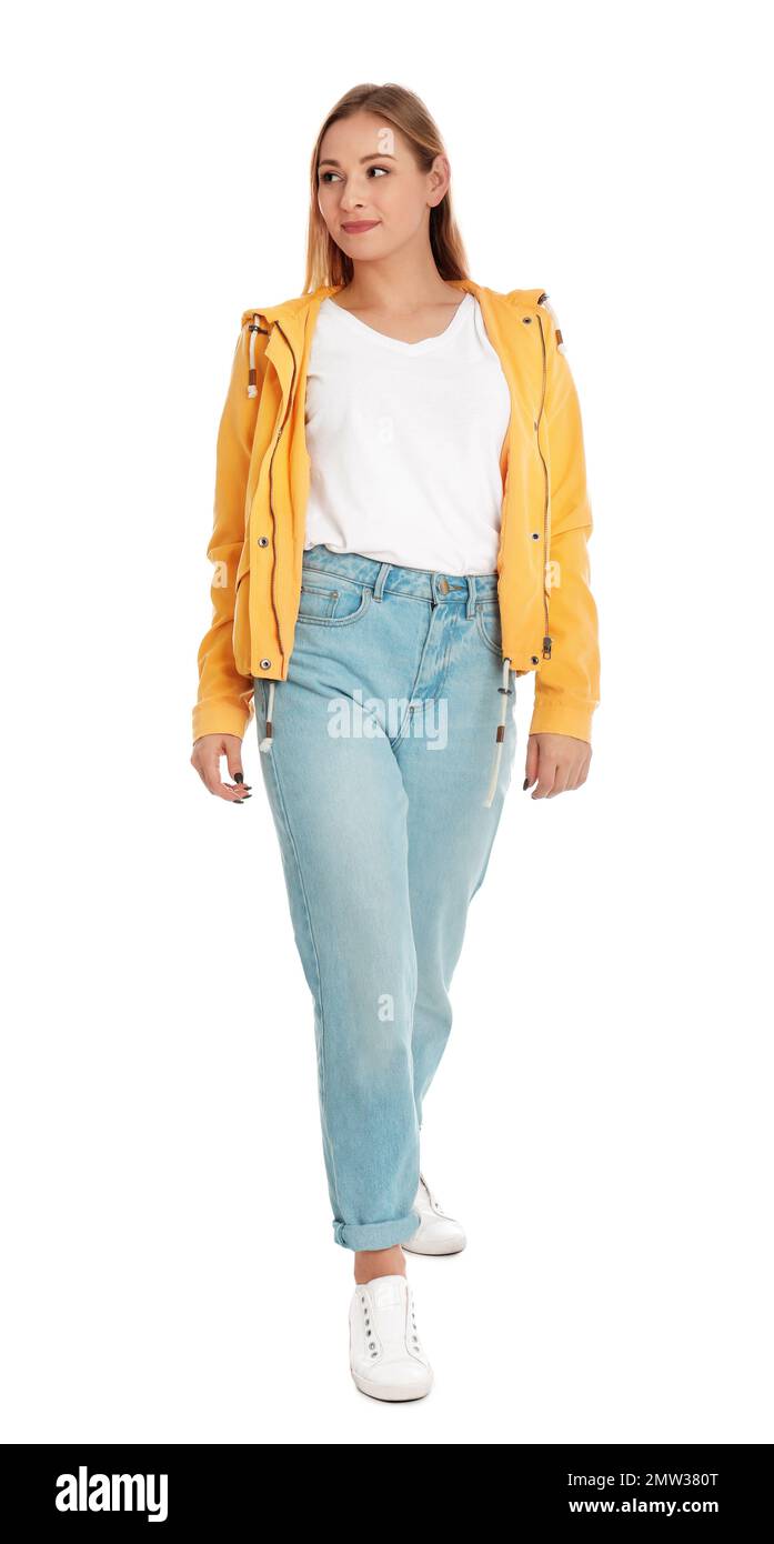 Beautiful woman in casual outfit on white background Stock Photo - Alamy