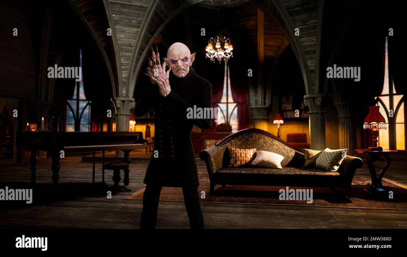 Fantasy vampire standing in a room in a gothic castle. Horror or ...