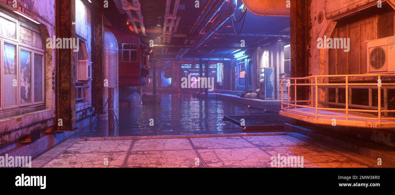 Wide cinematic 3D illustration of cyberpunk city downtown urban scene ...