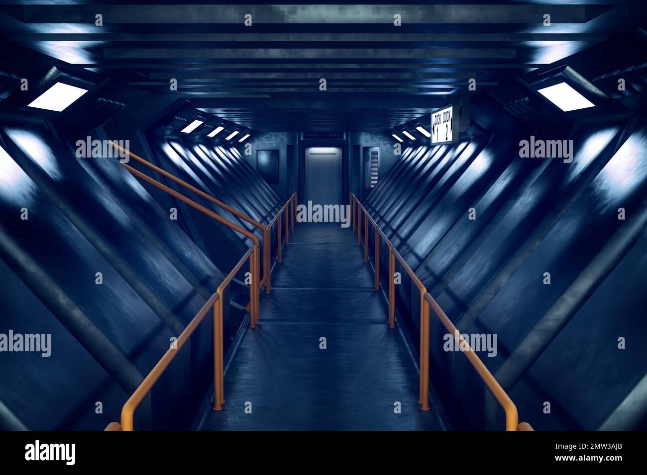 Futuristic science fiction space station walkway leading to metallic ...