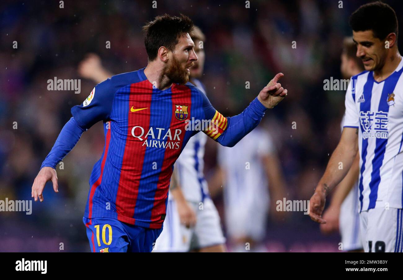 FC Barcelona's Lionel Messi celebrates after scoring during the Spanish ...