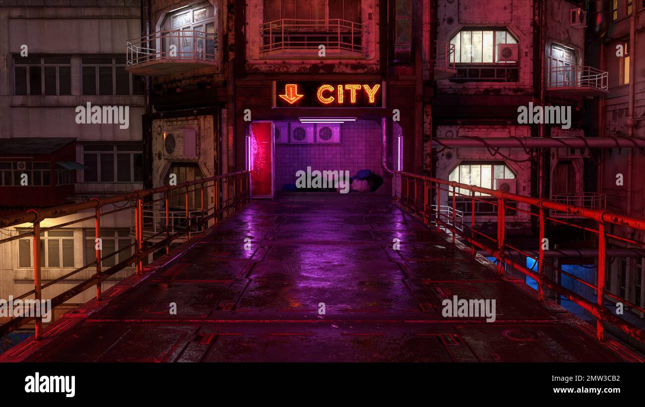 Bridge in a futuristic dystopian city on a wet night. Cyberpunk concept ...