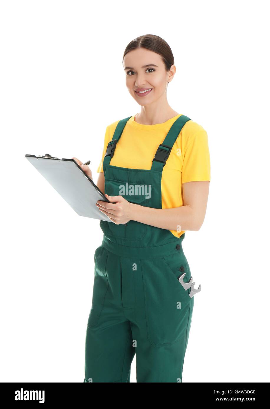 Portrait of professional auto mechanic with clipboard on white ...