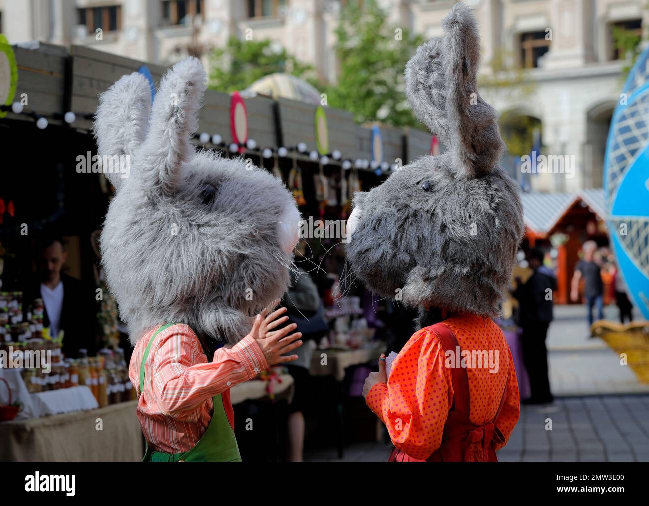In this Thursday, April 13, 2017, picture entertainers wearing rabbit ...
