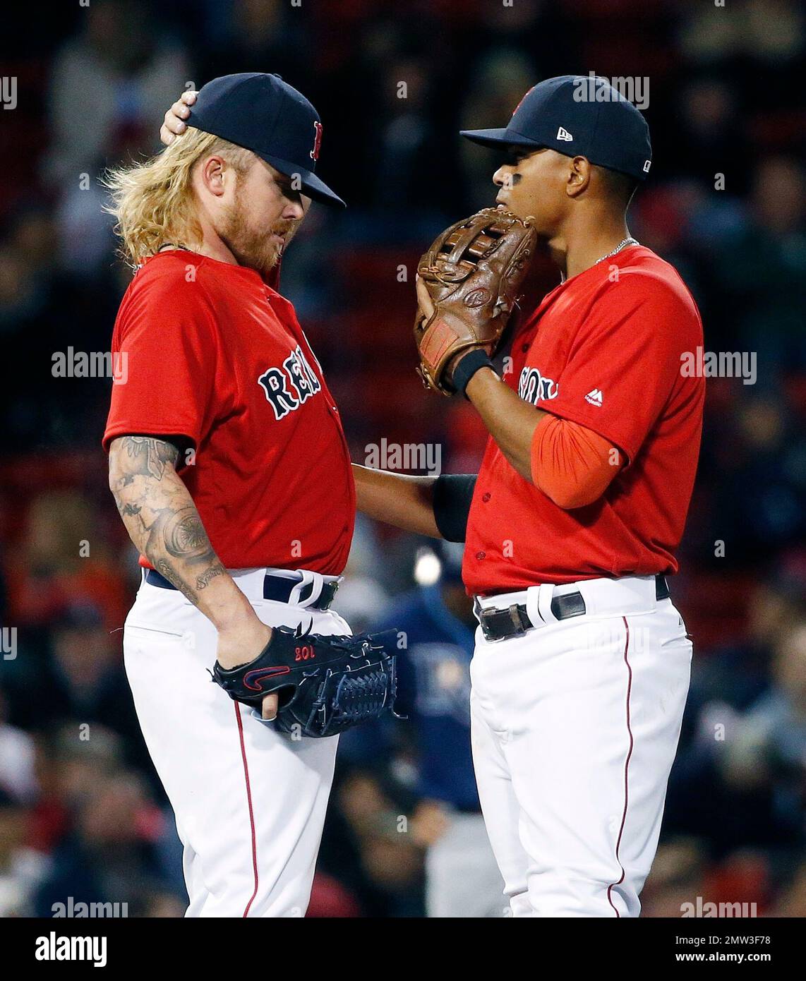 Boston Red Sox's Xander Bogaerts, right, talks with Robbie Ross Jr. (28 ...