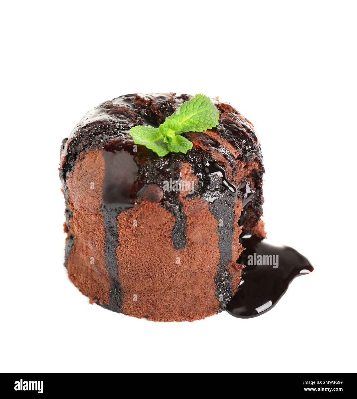 Delicious warm chocolate lava cake with mint isolated on white Stock ...