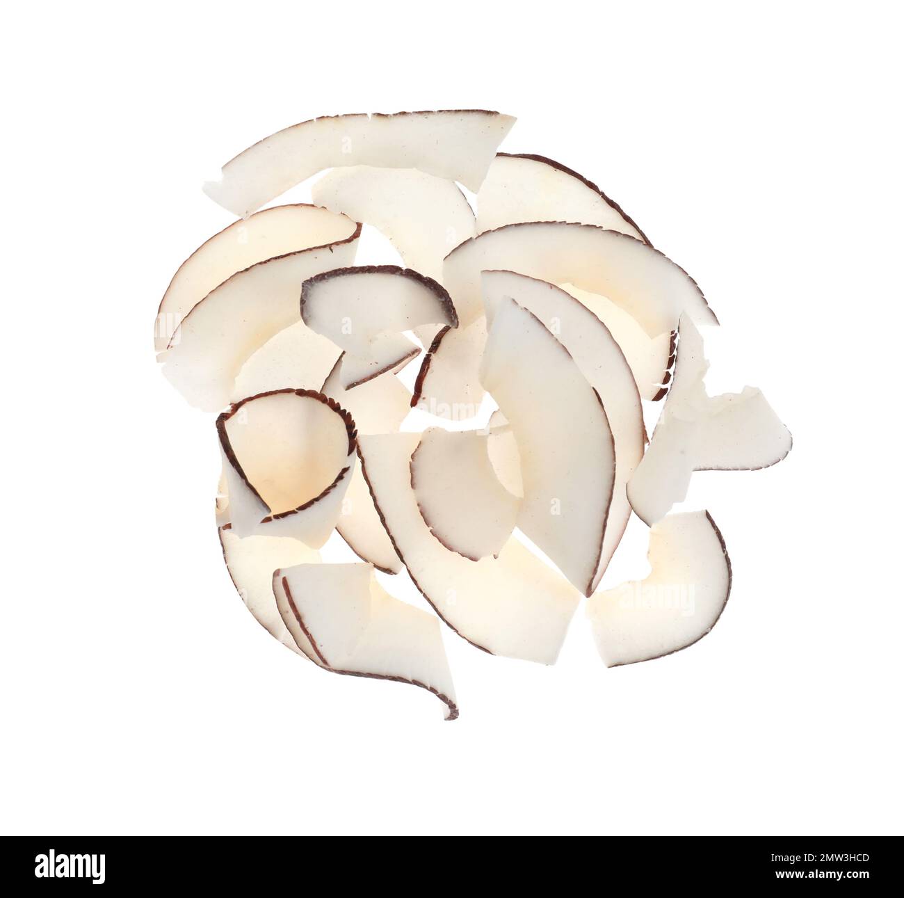 Fresh coconut flakes on white background, top view Stock Photo - Alamy