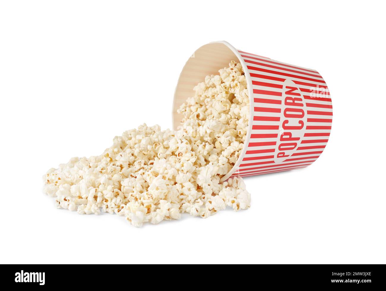 Overturned paper bucket with delicious popcorn isolated on white Stock ...
