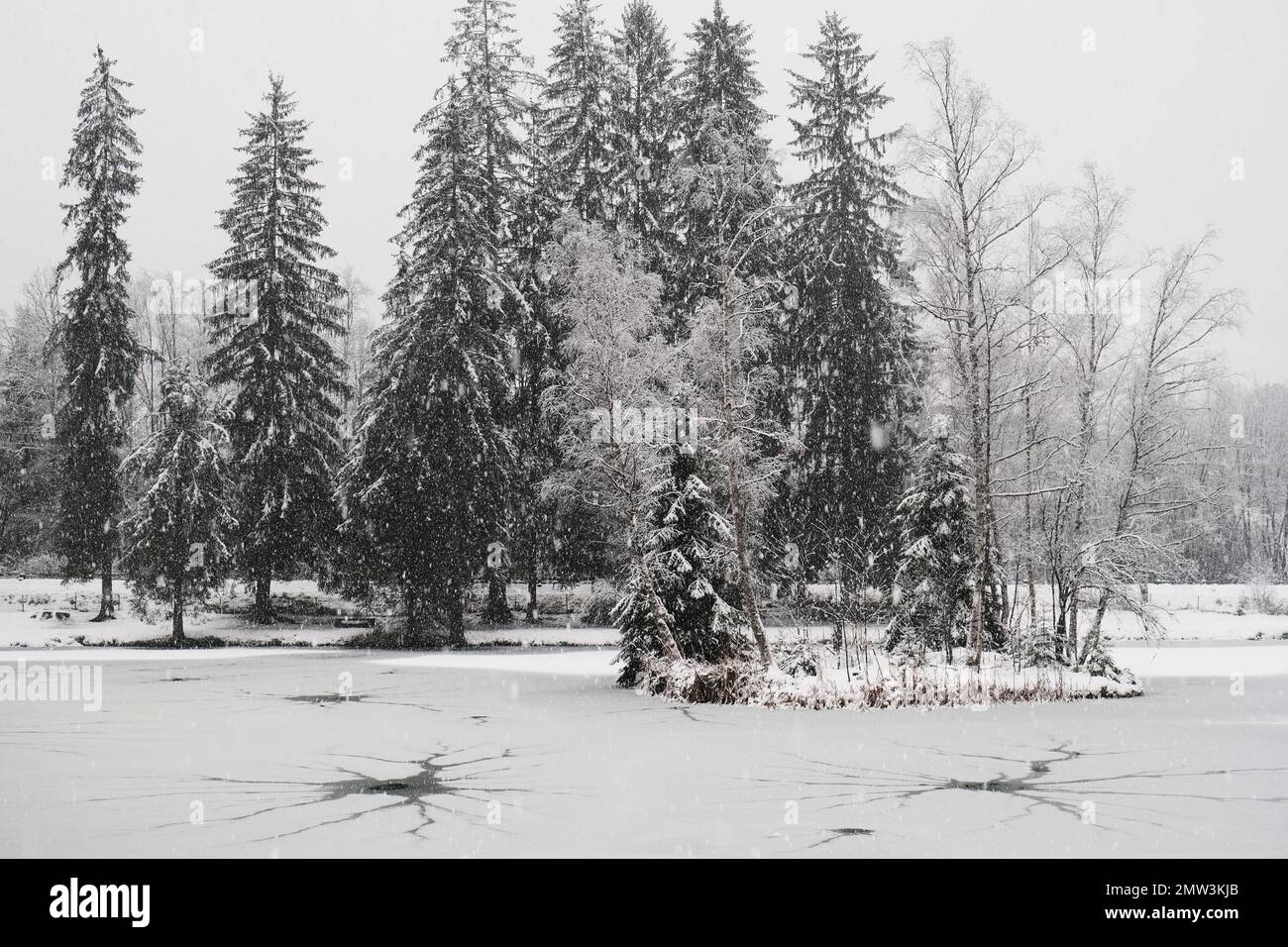 Natural landscape with snowfall in the French Alps , on the shore of ...