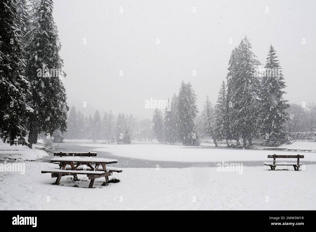 Natural landscape with snowfall in the French Alps , on the shore of ...