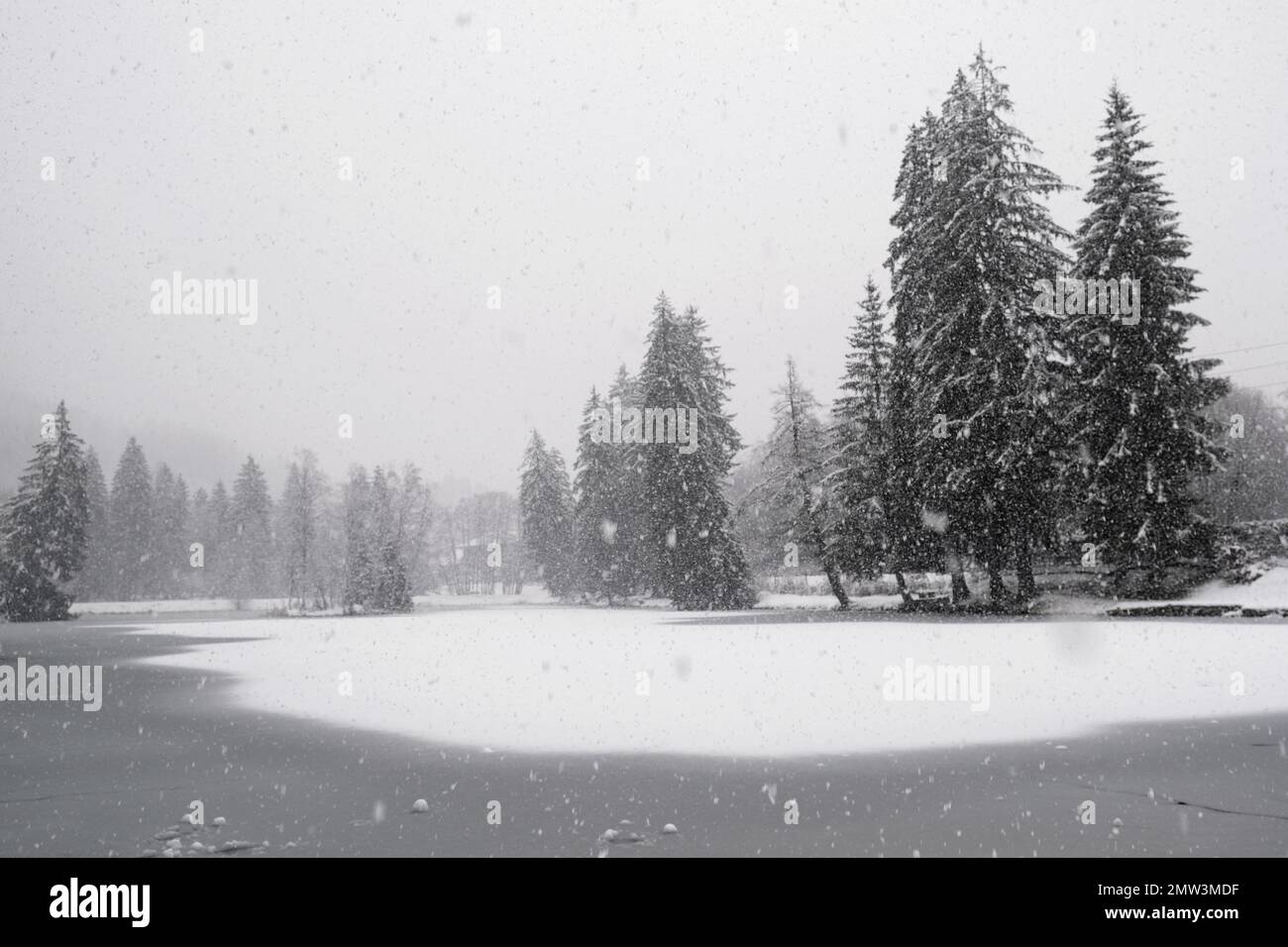Natural landscape with snowfall in the French Alps , on the shore of ...