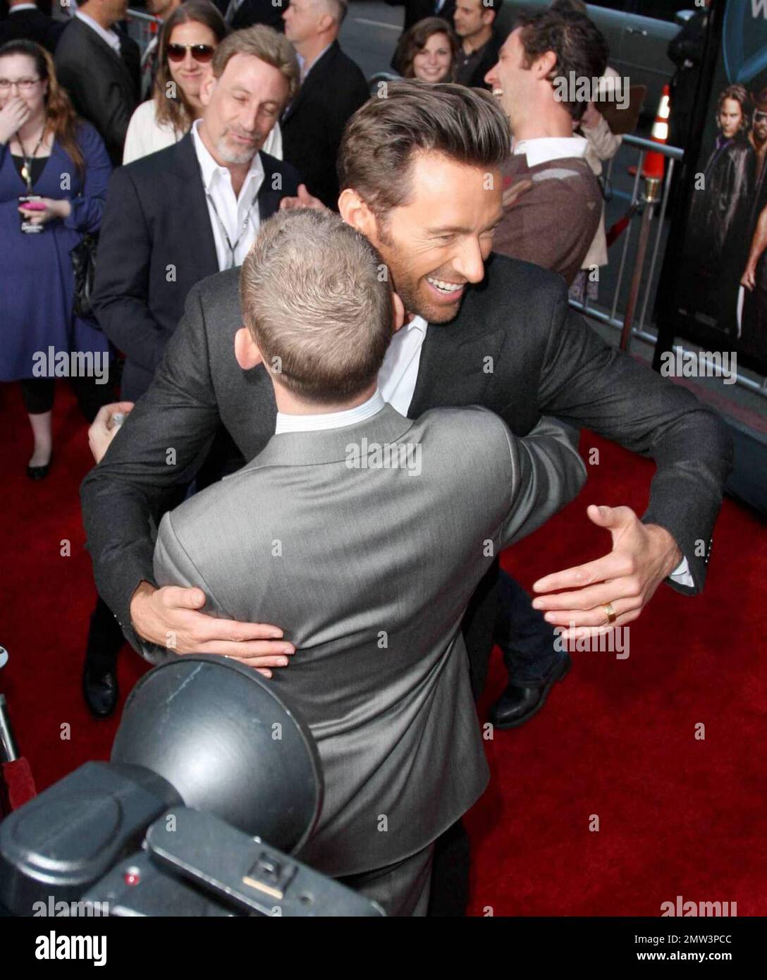 Hugh Jackman and Dominic Monaghan play around at the film premiere of ...