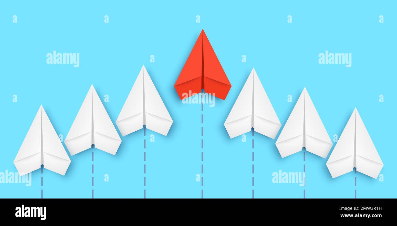 Realistic paper planes flying in one direction. Red plane leader leads ...