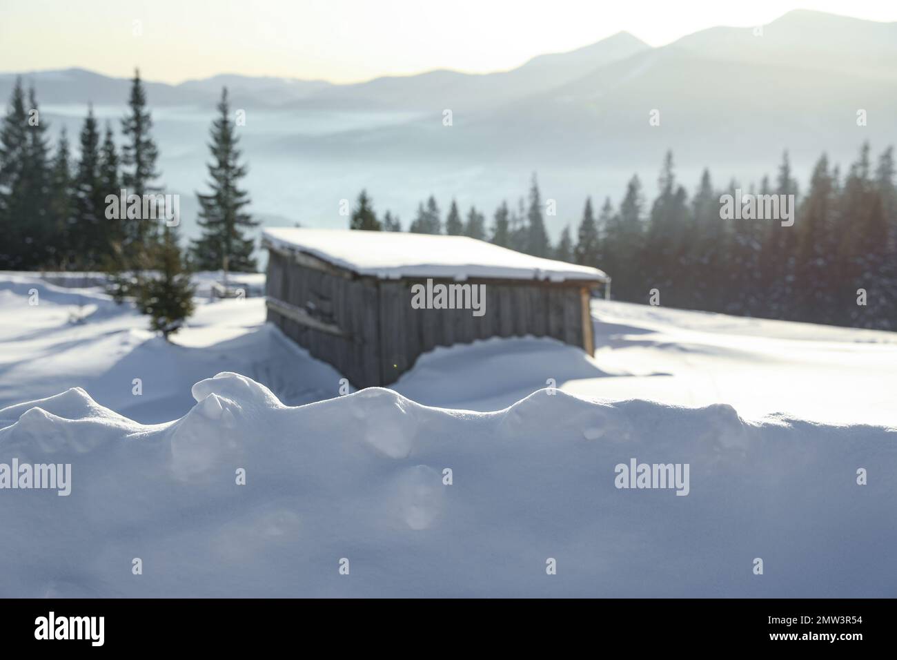 Wooden house covered with snow on winter day Stock Photo - Alamy