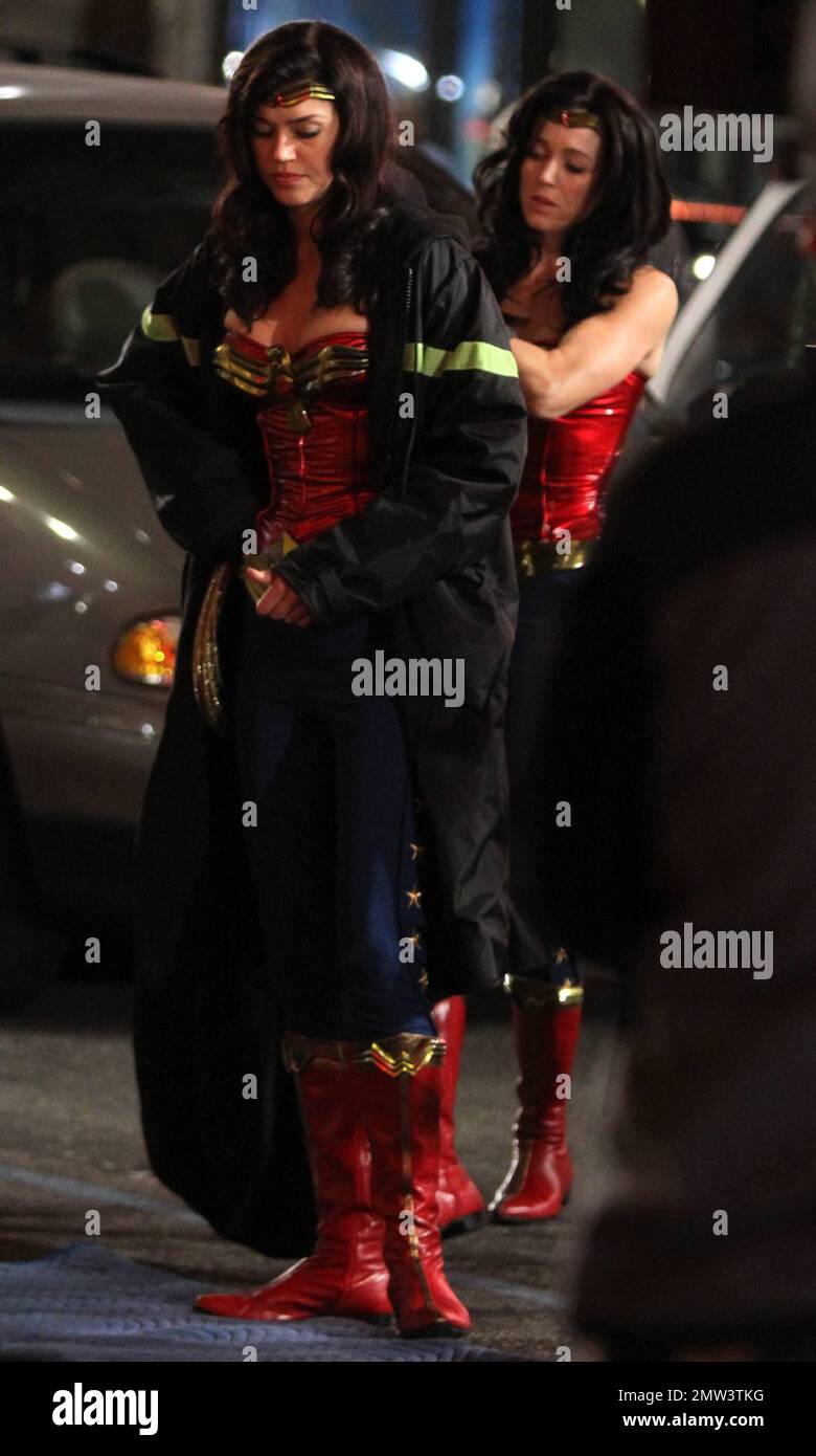 Adrianne Palicki gets down to work on the set of "Wonder Woman" filming ...