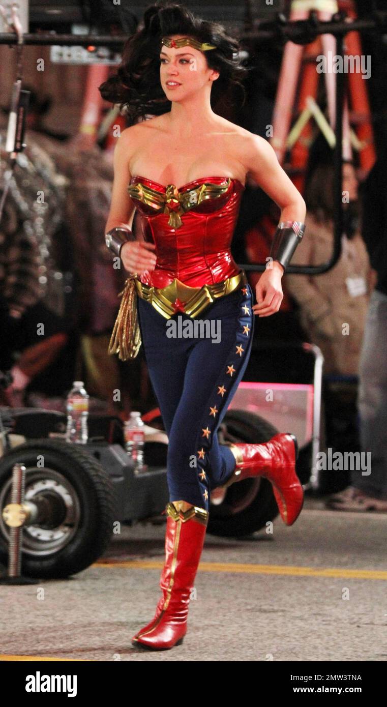 Adrianne Palicki gets down to work on the set of "Wonder Woman" filming ...