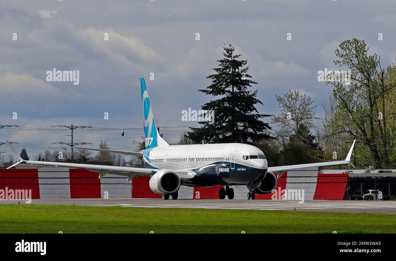 A Boeing 737 MAX 9 prepares to take off on the airplane's first flight ...