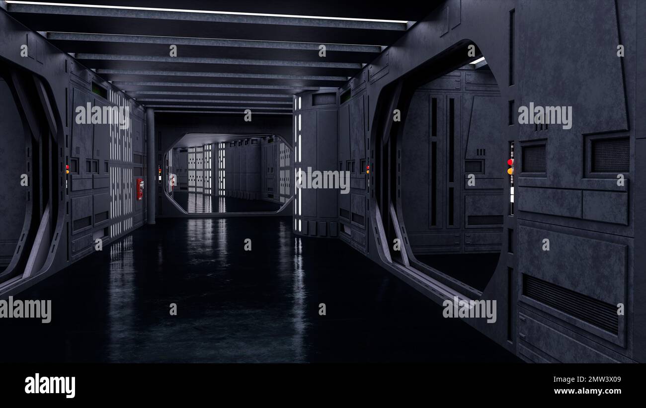 Futuristic science fiction space ship corridor with metallic walls. 3D ...
