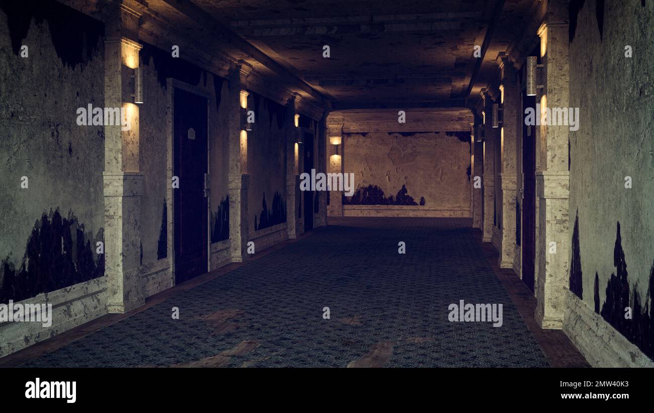 Dirty grungy old abandoned hotel hallway like scene from a horror movie ...
