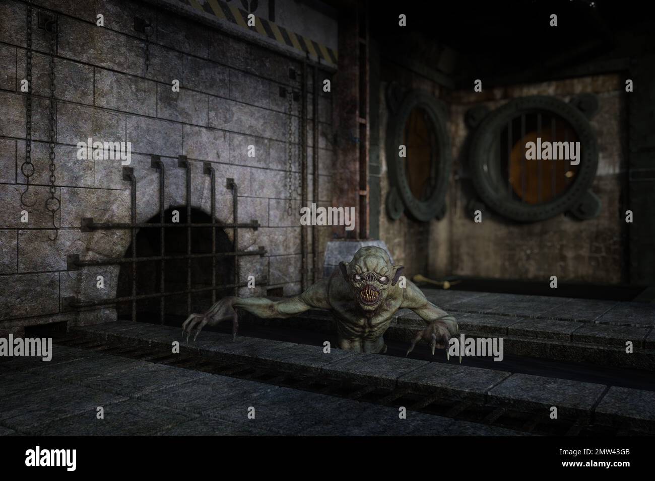 Horror fantasy nightmare monster in an underground sewage tunnel ...