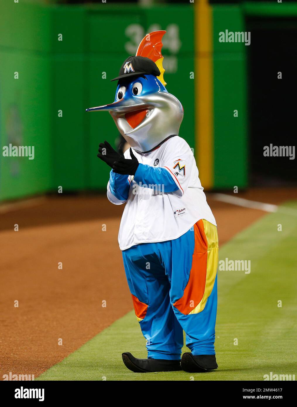 Miami Marlins mascot Billy the Marlin is shown before the start of a baseball game between the ...