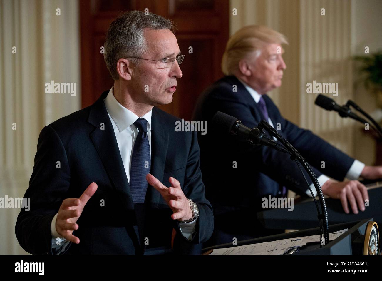 NATO Secretary General Jens Stoltenberg accompanied by President Donald ...