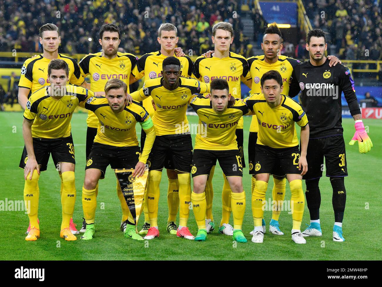 Dortmund players line up for a team group prior to the Champions League ...