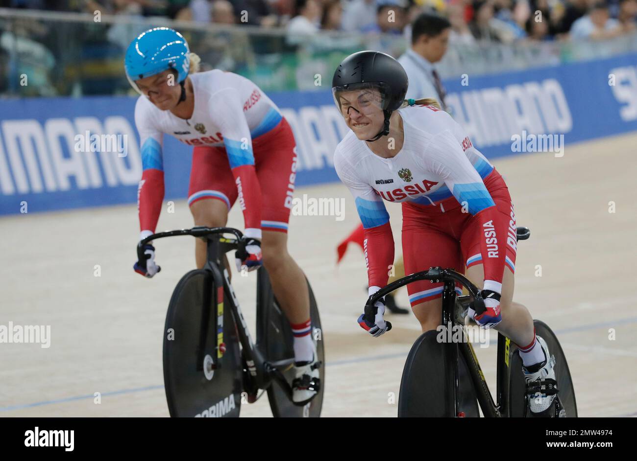 Russia's Daria Shmeleva, right, and Anastasiia Voinova compete in the ...