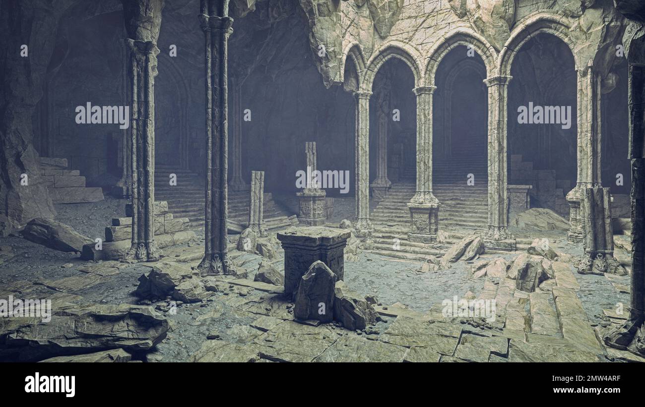 Mysterious ancient underground temple ruin with large stone steps and ...