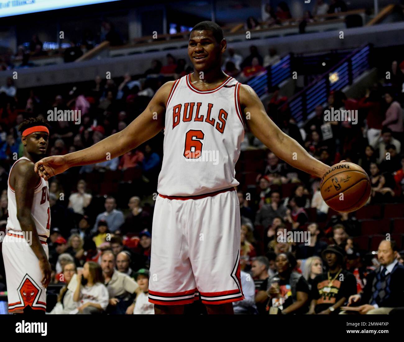 Chicago Bulls forward Cristiano Felicio (6) smiles after a call against ...